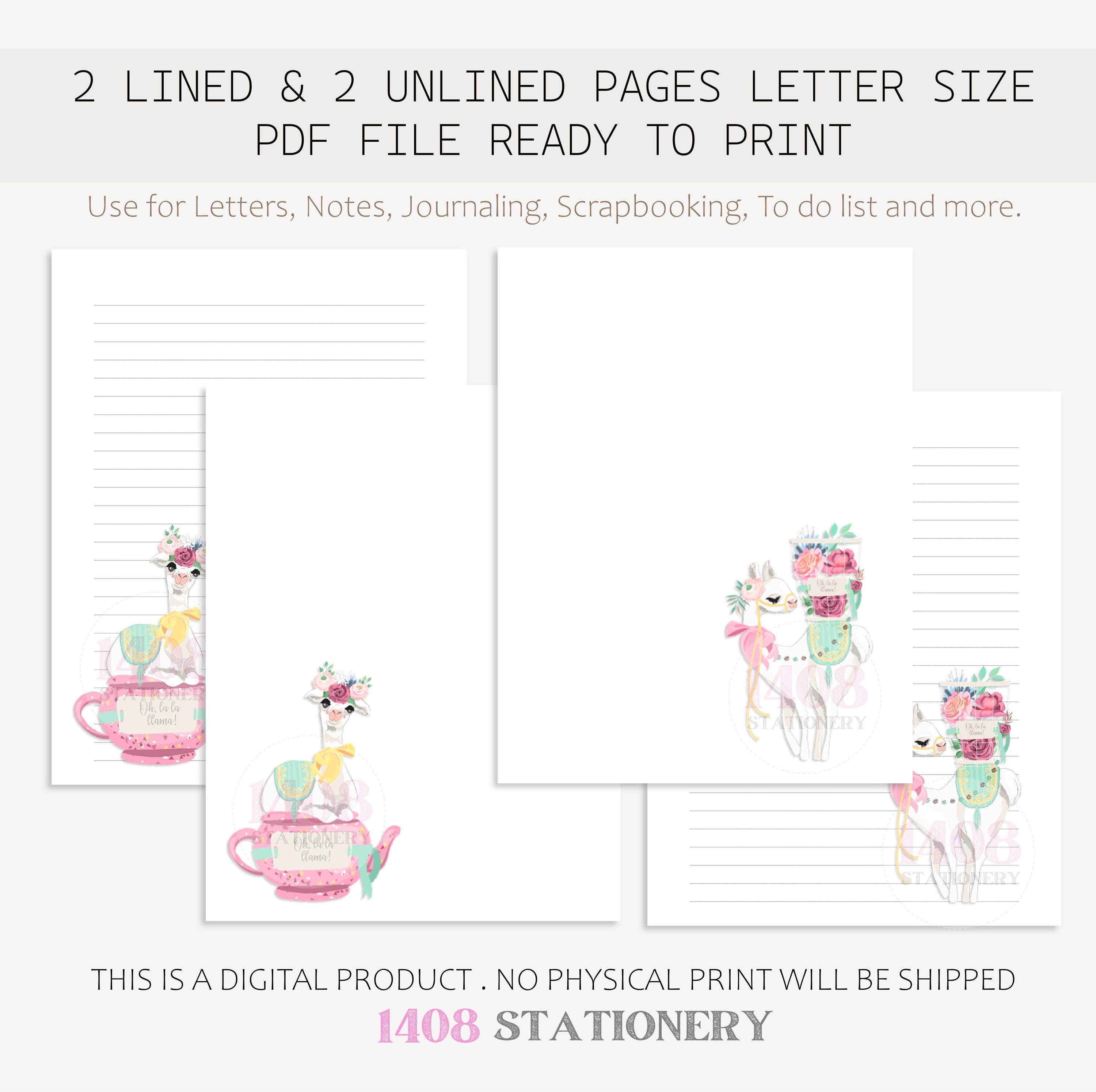 Llama Lined and Unlined Printable Paper, Cute Stationery for Writing ...