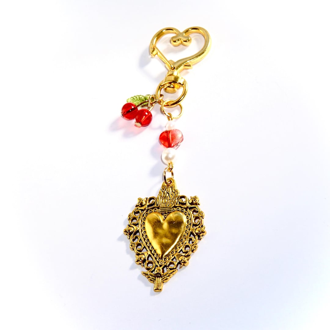 Gold Heart Cherry Charm Keychain and Bag Accessory - Etsy