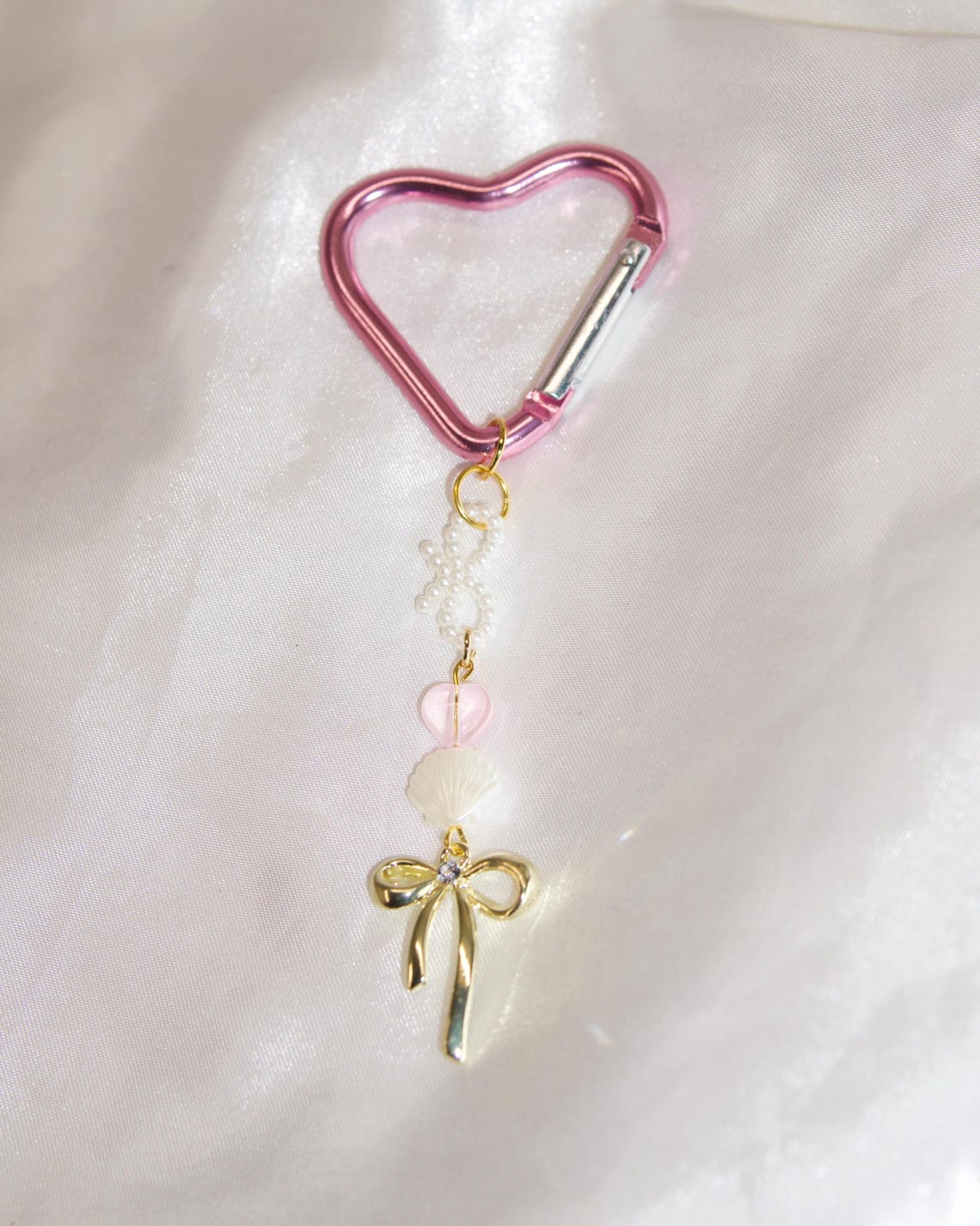 Pink Heart Shaped Carabiner for Keys and Bags With Gold Bow and ...