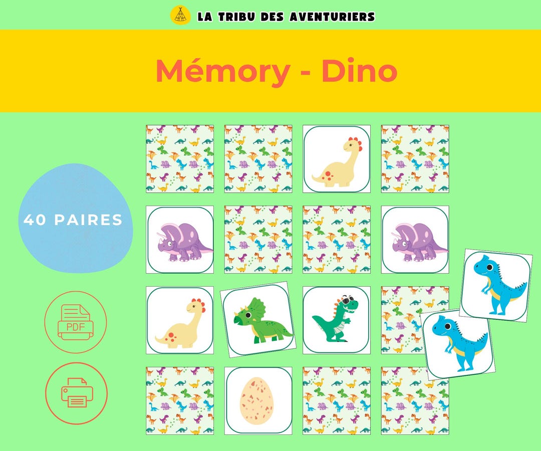 Printable Dinosaur Memory Game - 40 Pairs PDF Educational Game - Dinos ...