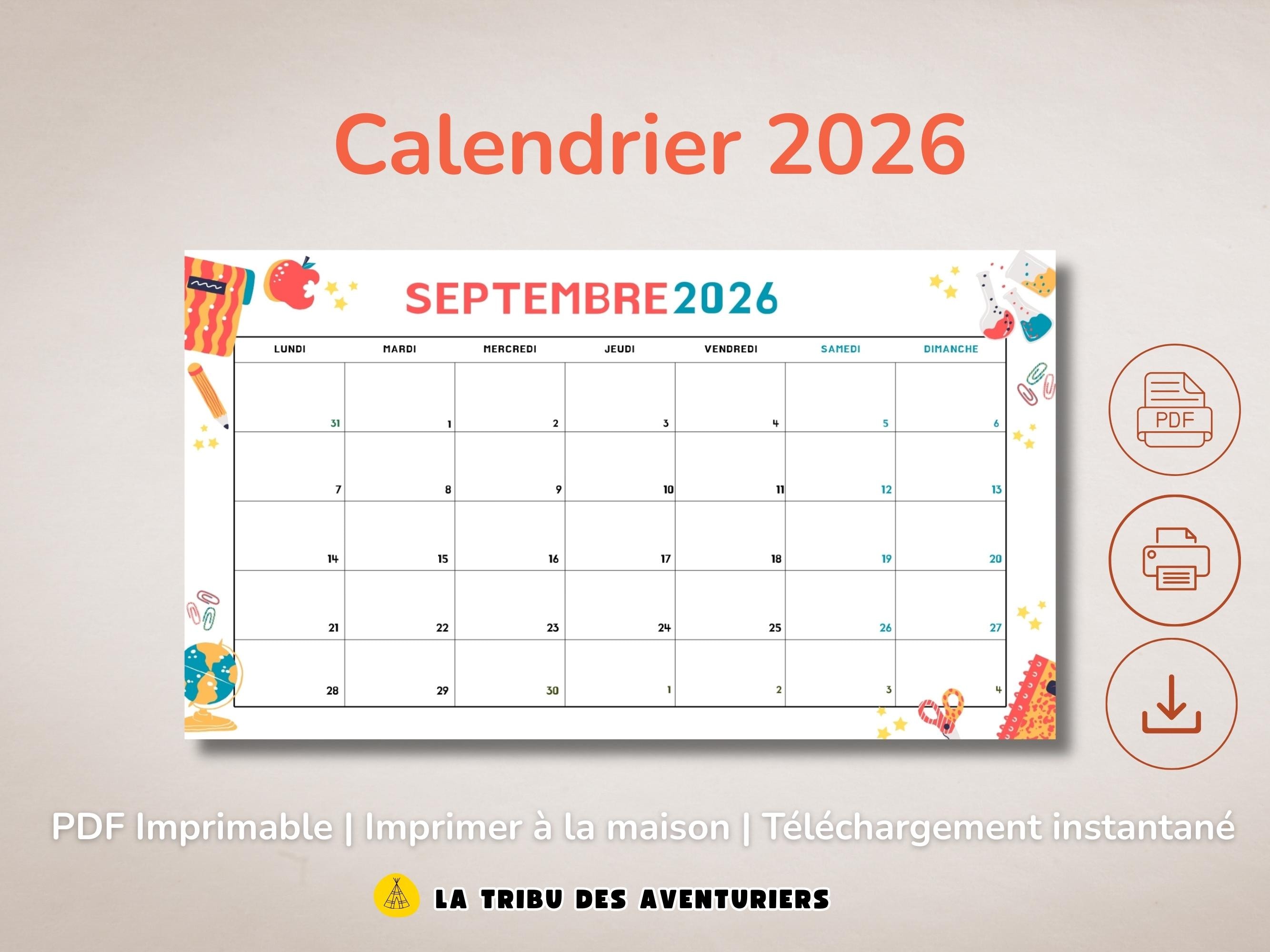 Calendrier 2026, calendrier à imprimer, calendrier mensuel, calendrier ...