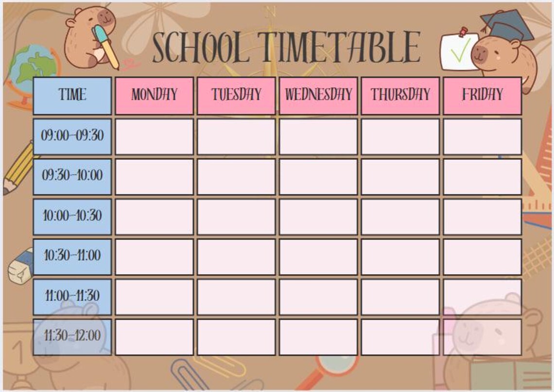 Printable and Editable Capybara School Timetable - Etsy