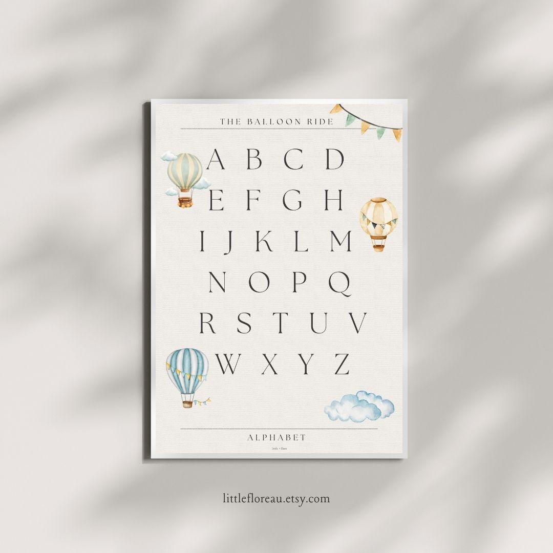 The Balloon Ride Alphabet Poster, Number Poster, Vintage Inspired, Set ...