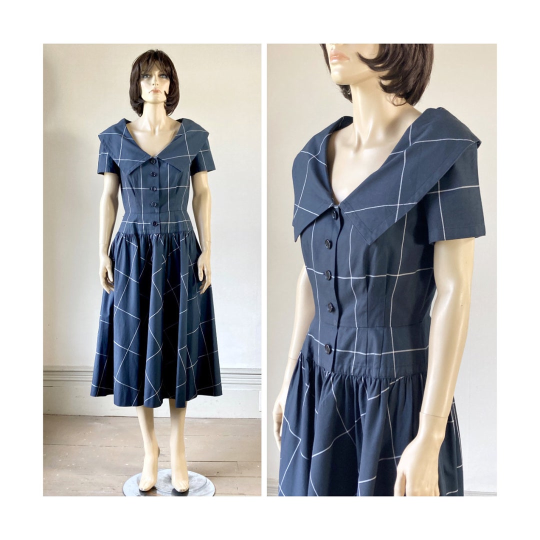 80s Vintage Adele Simpson Dress - Fit and Flare Navy Blue Grid Plaid - Portrait Collar Cotton ...