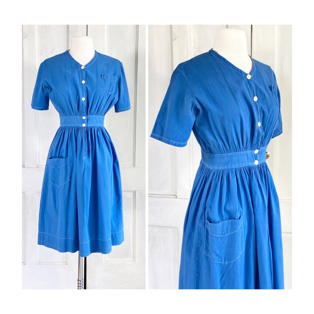 40s Vintage Cotton Work Dress - 1940s Workwear House Dress - 30s Simple ...