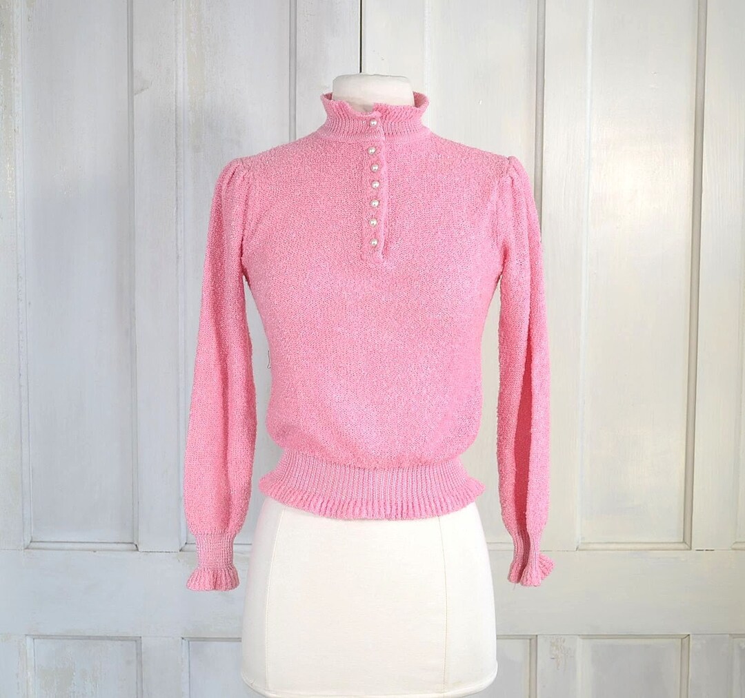 70s Vintage Pink Ruffled Sweater High Pearl Button Neck - Etsy