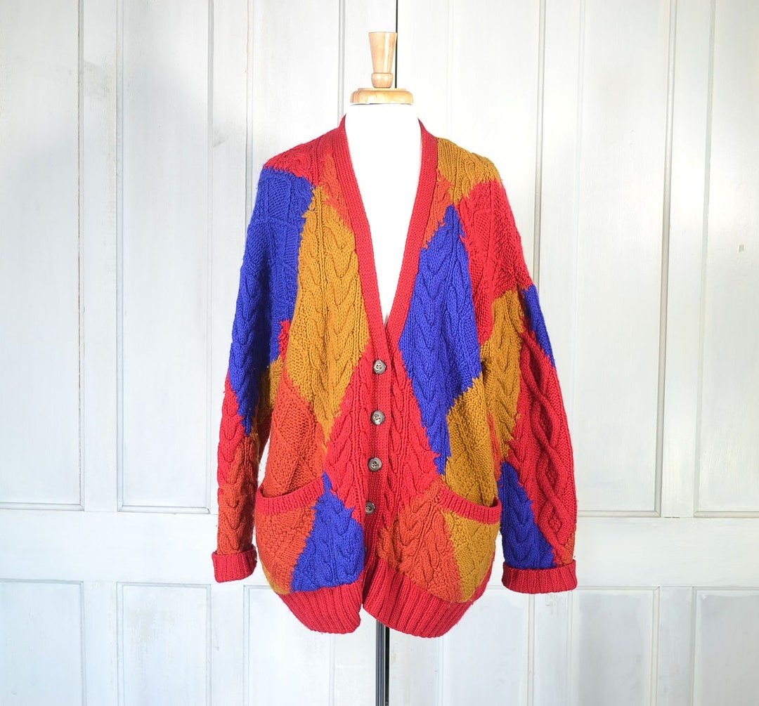 80s Hand Knit Wool Sweater - Cable Knit Cardigan - 1980s Oversized ...