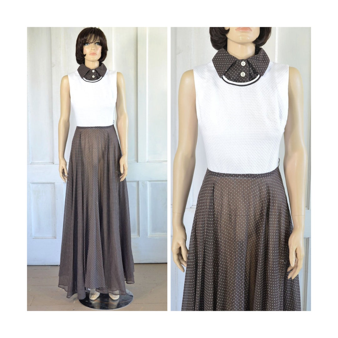70s Vintage Maxi Dress 60s Mod Preppy Dress Sleeveless Collared Dress ...