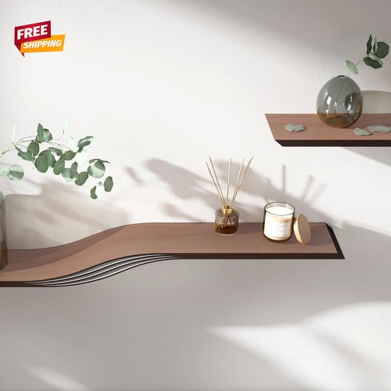 Floating Shelf Wall Mounted, Curved Wall Shelf, Wooden Oak Bracketless ...