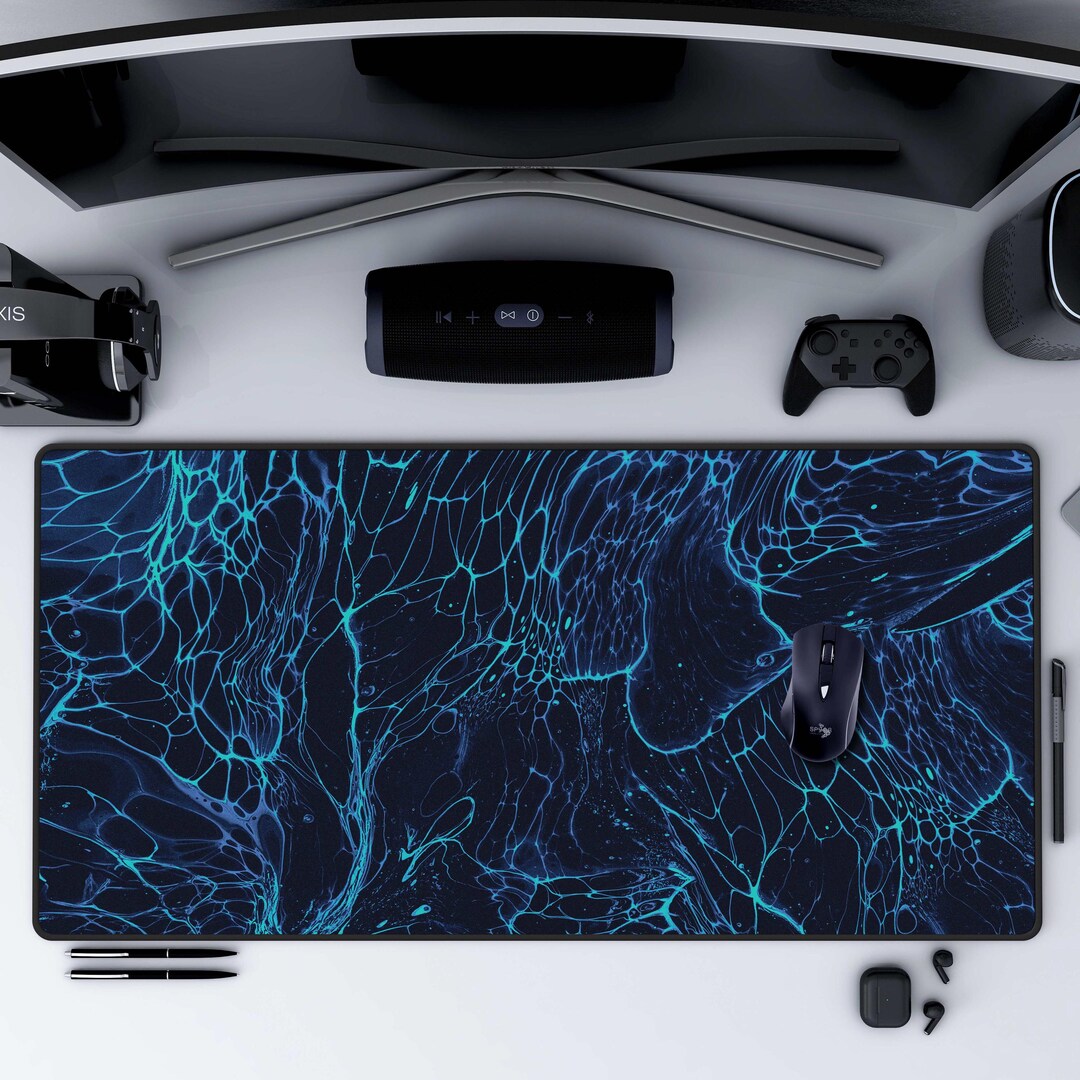Neon Blue Gaming Desk Mat Electric Waves Bioluminescence Gamer Deskmat ...