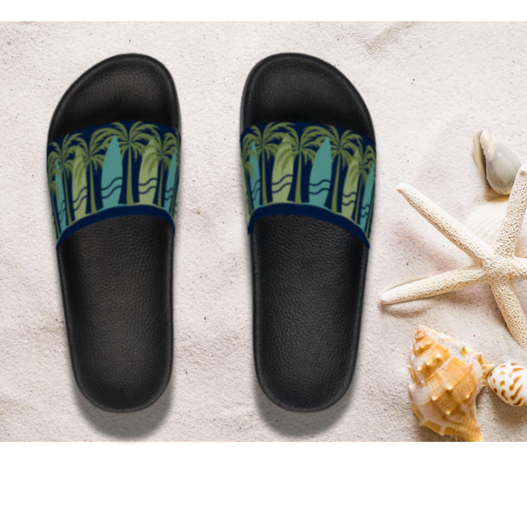 Surfboard & Palm Tree Men's Slide Sandals, Beach Shoes - Etsy