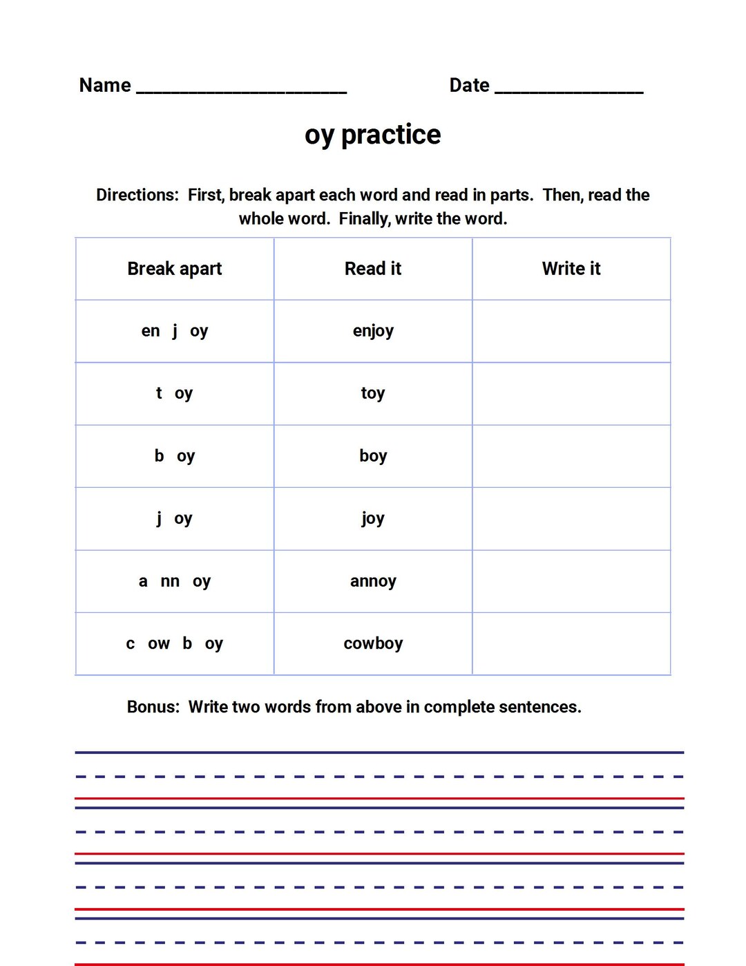 Phonics Practice Oy Vowel Team - Etsy
