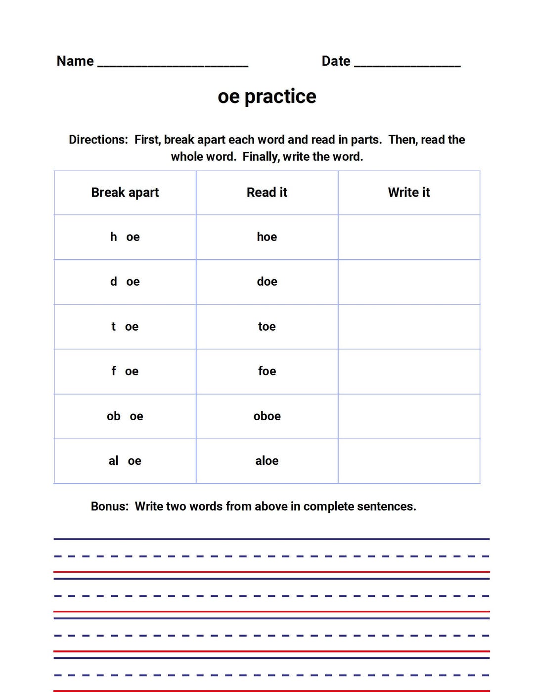 Phonics Practice Oe Vowel Team - Etsy