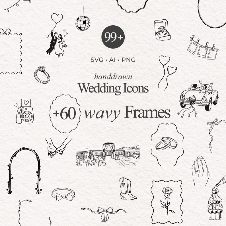 99 Hand Drawn Wedding Timeline Illustration Bundle Set, SVG PNG JPG, Icon Black & White, Clipart ...