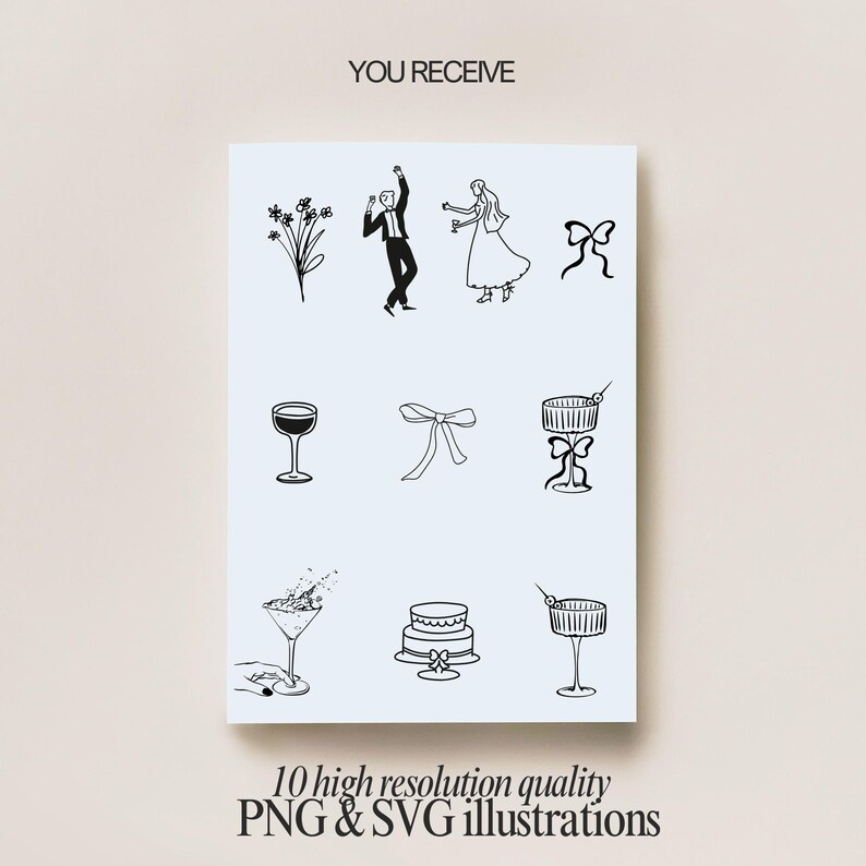 10 Hand Drawn Wedding Timeline Illustration Bundle Set, SVG PNG JPG, Icon Black & White, Clipart ...