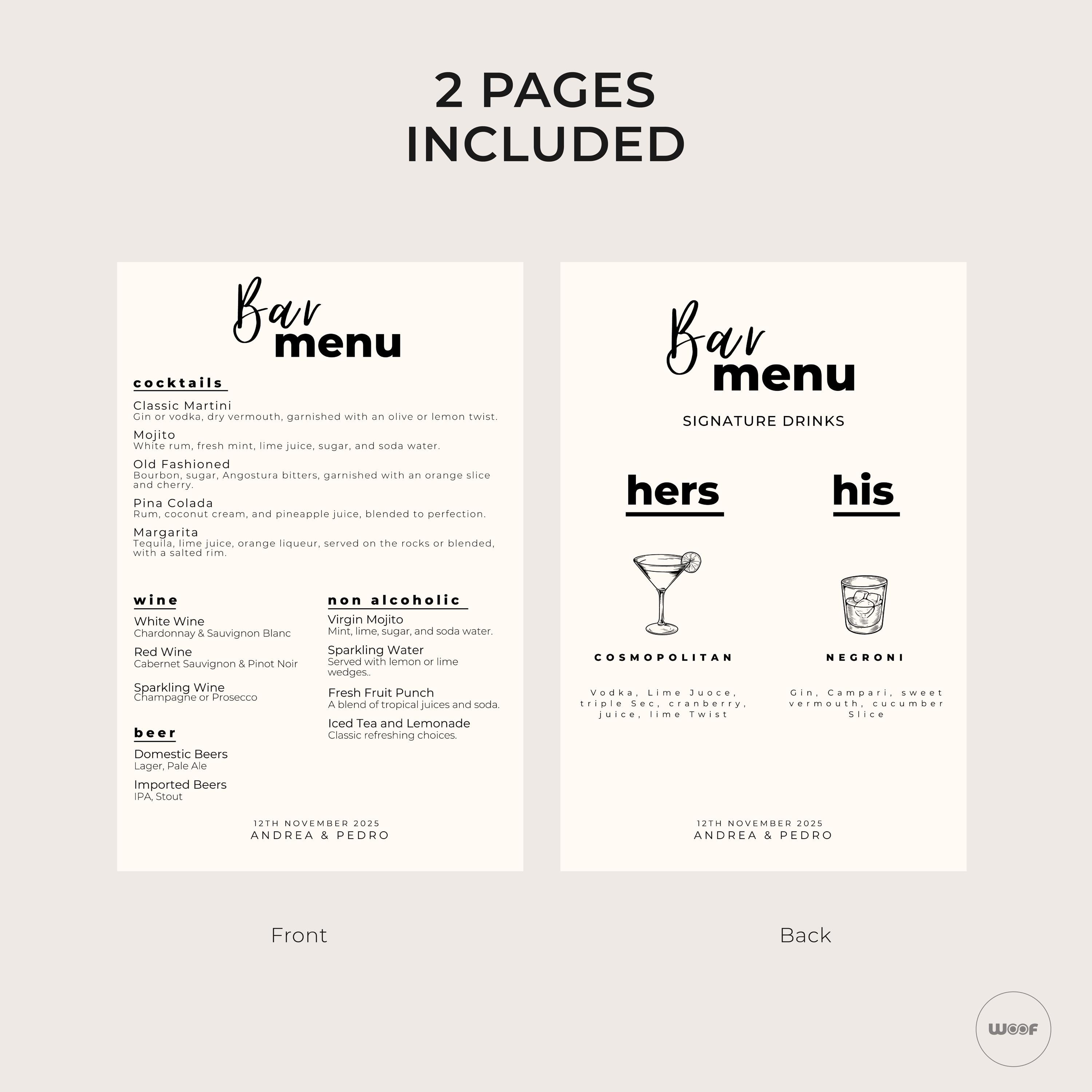 Modern Wedding Bar Menu Template Two-sided His & Her Signature Drink ...