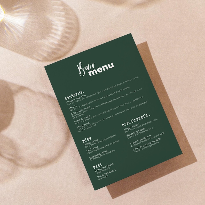Classy Green Menu, Minimalist Canva Menu Template, Customizable Bar ...