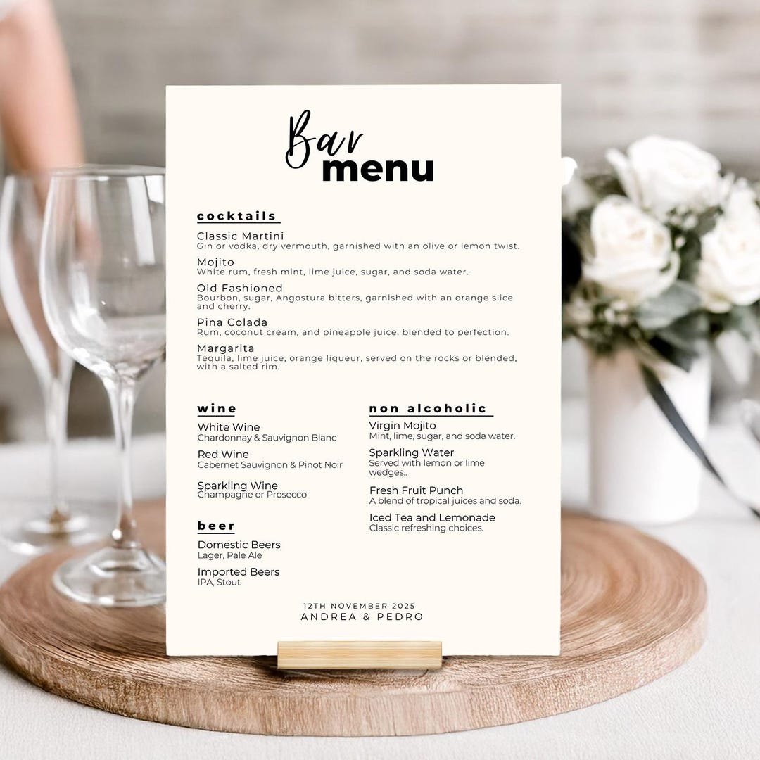 Modern Wedding Bar Menu Template Two-sided His & Her Signature Drink ...