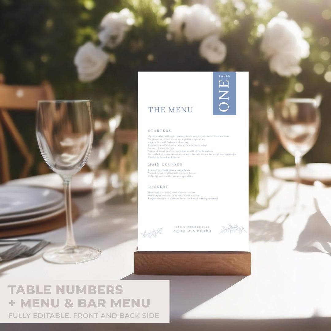 Classy Minimalist Wedding Table Numbers & Menu Template French Blue ...