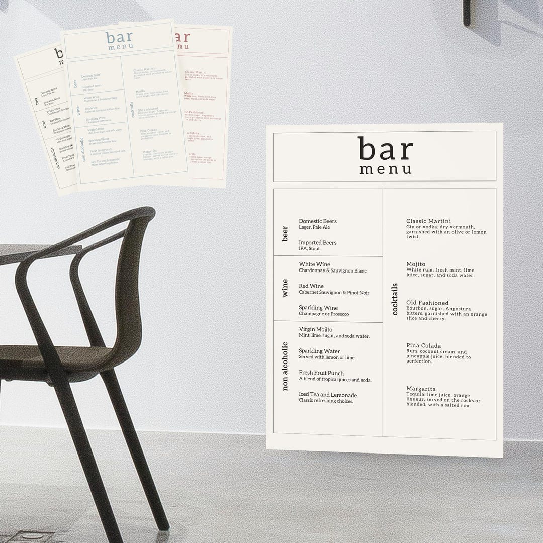 Typographic Bar Menu in 4 Colors | Editable Menu | Drinks List | Bar ...
