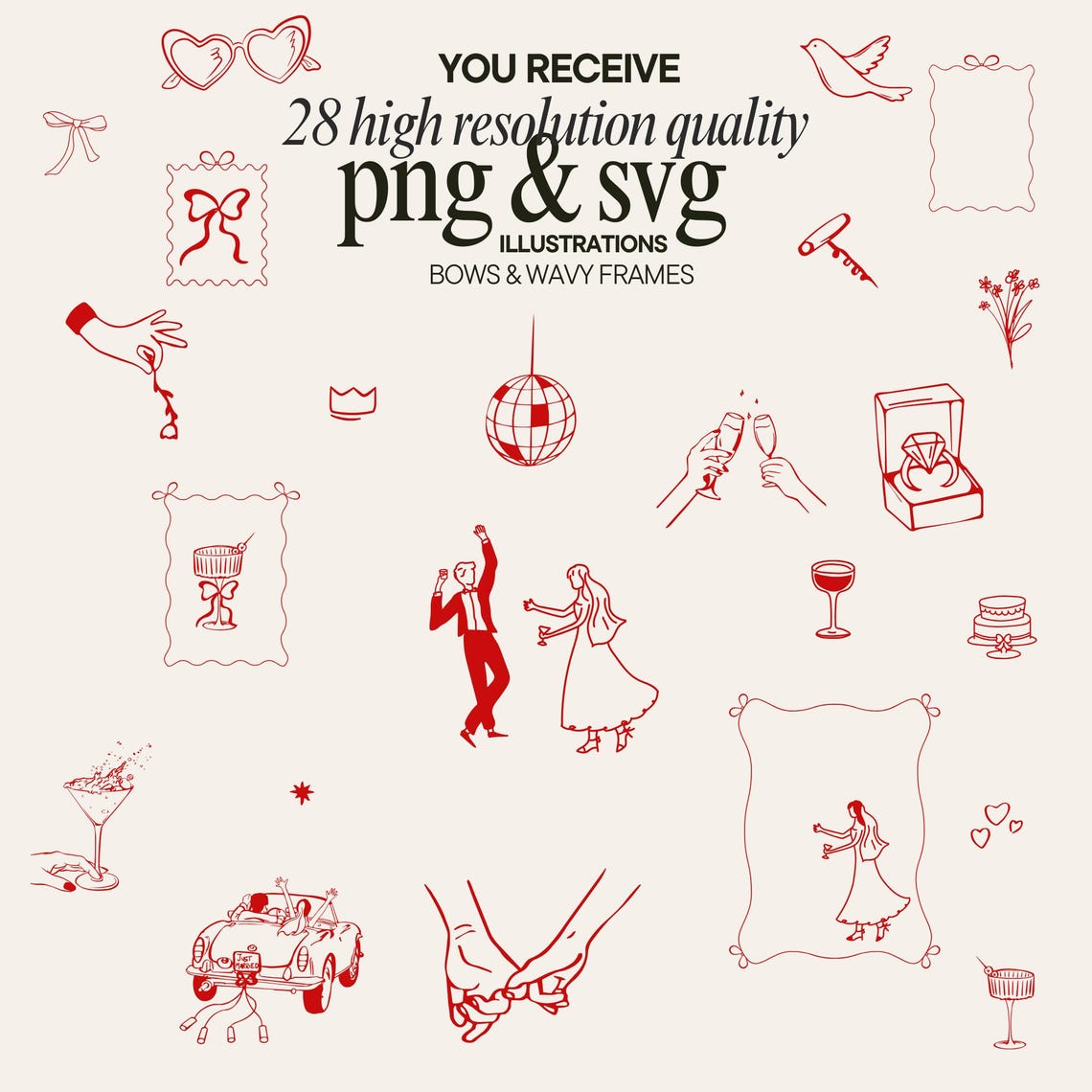 28 Hand Drawn Wedding Timeline Illustration Bundle Set, SVG PNG JPG ...