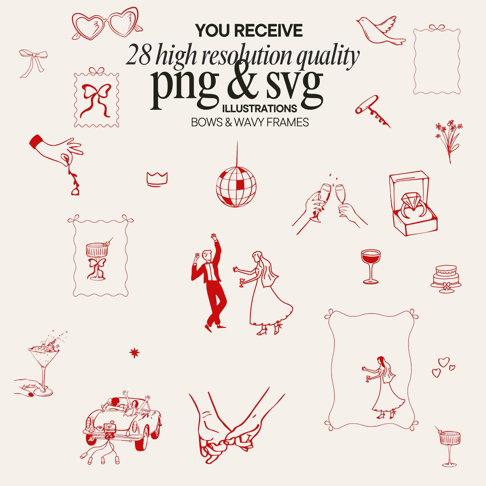 28 Hand Drawn Wedding Timeline Illustration Bundle Set, SVG PNG JPG, Icon Black & White, Clipart ...