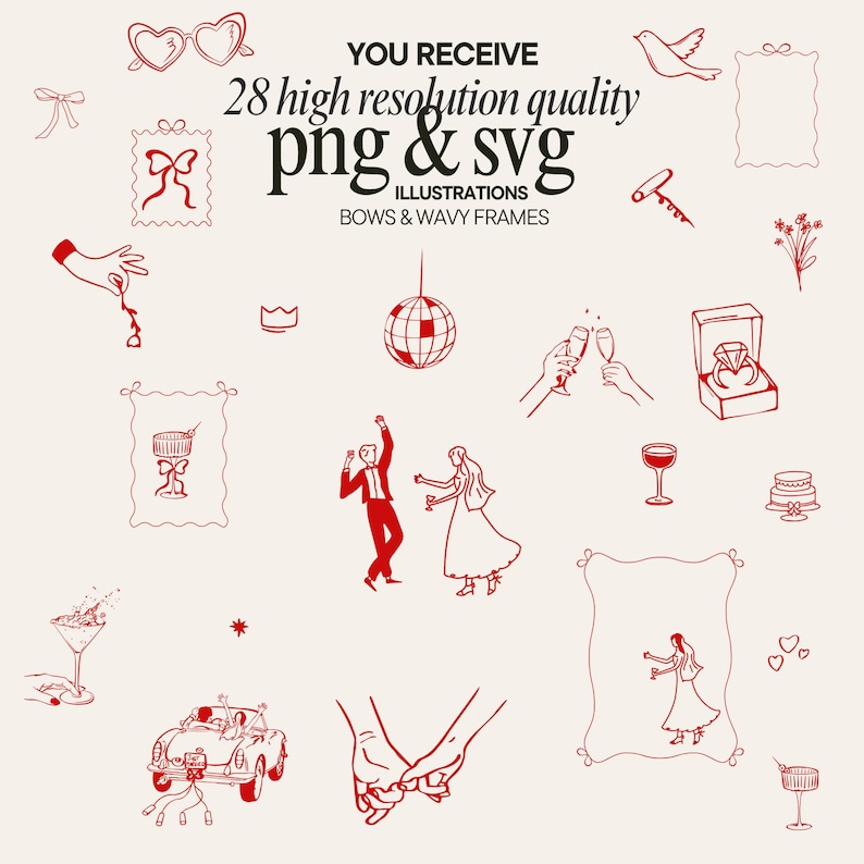 28 Hand Drawn Wedding Timeline Illustration Bundle Set, SVG PNG JPG, Icon Black & White, Clipart ...