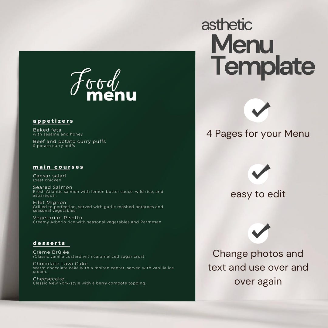 Classy Green Menu, Minimalist Canva Menu Template, Customizable Bar ...