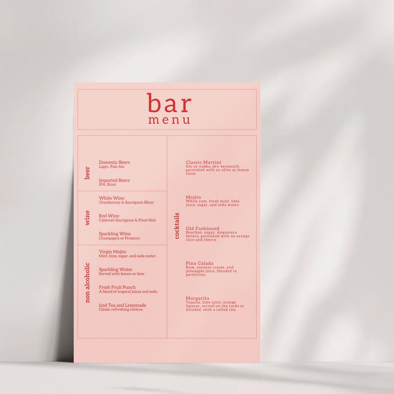 Cute Bar Menu Template Typographic Menu Bold Drinks List Bar Menue Card ...