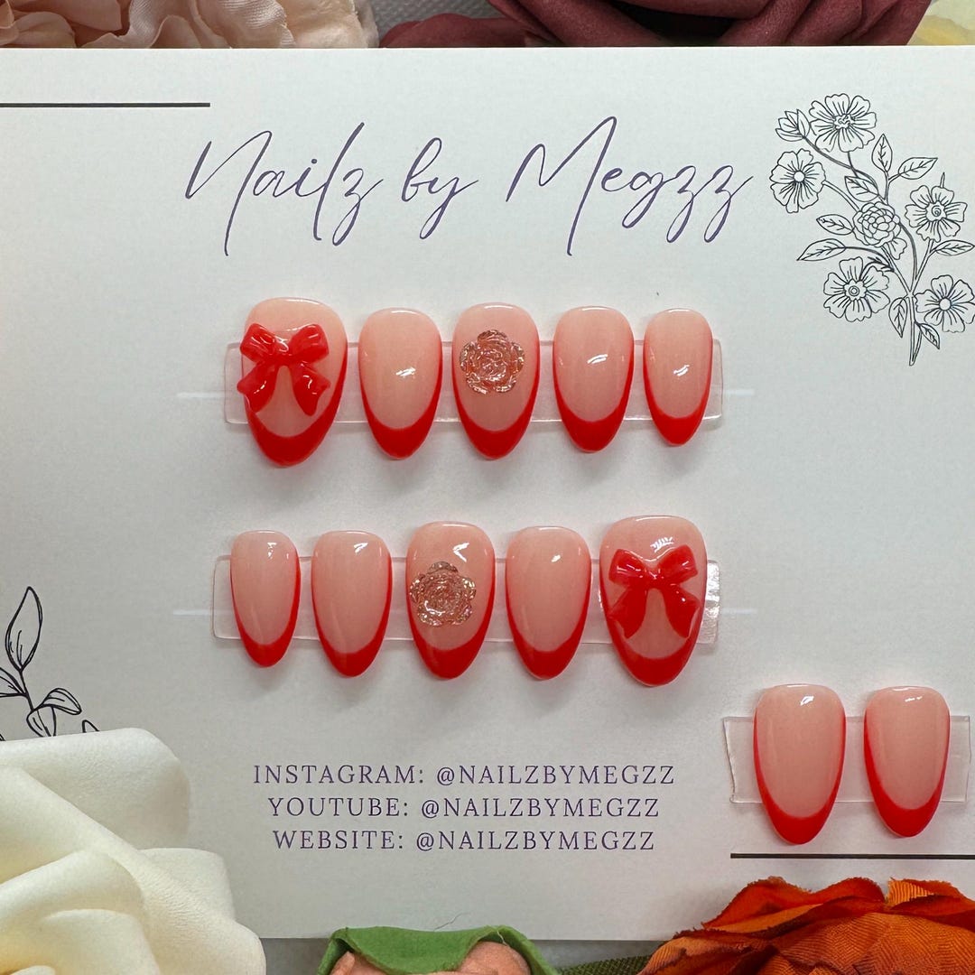 Red French Tips Gel Press-on Nails - 12 Piece Set - Etsy
