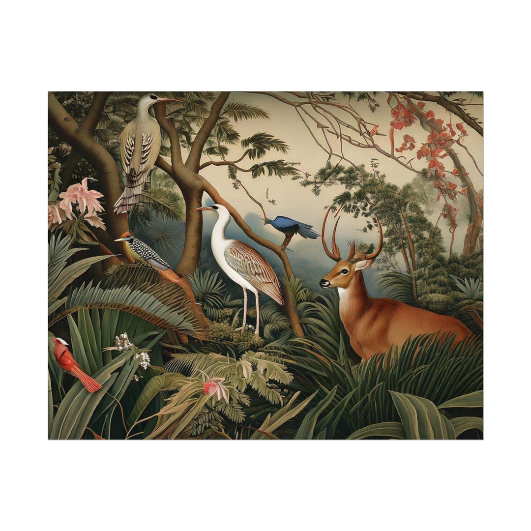 Maximalist Art, Classical Painting Deer Art Exotic Birds Gift for ...