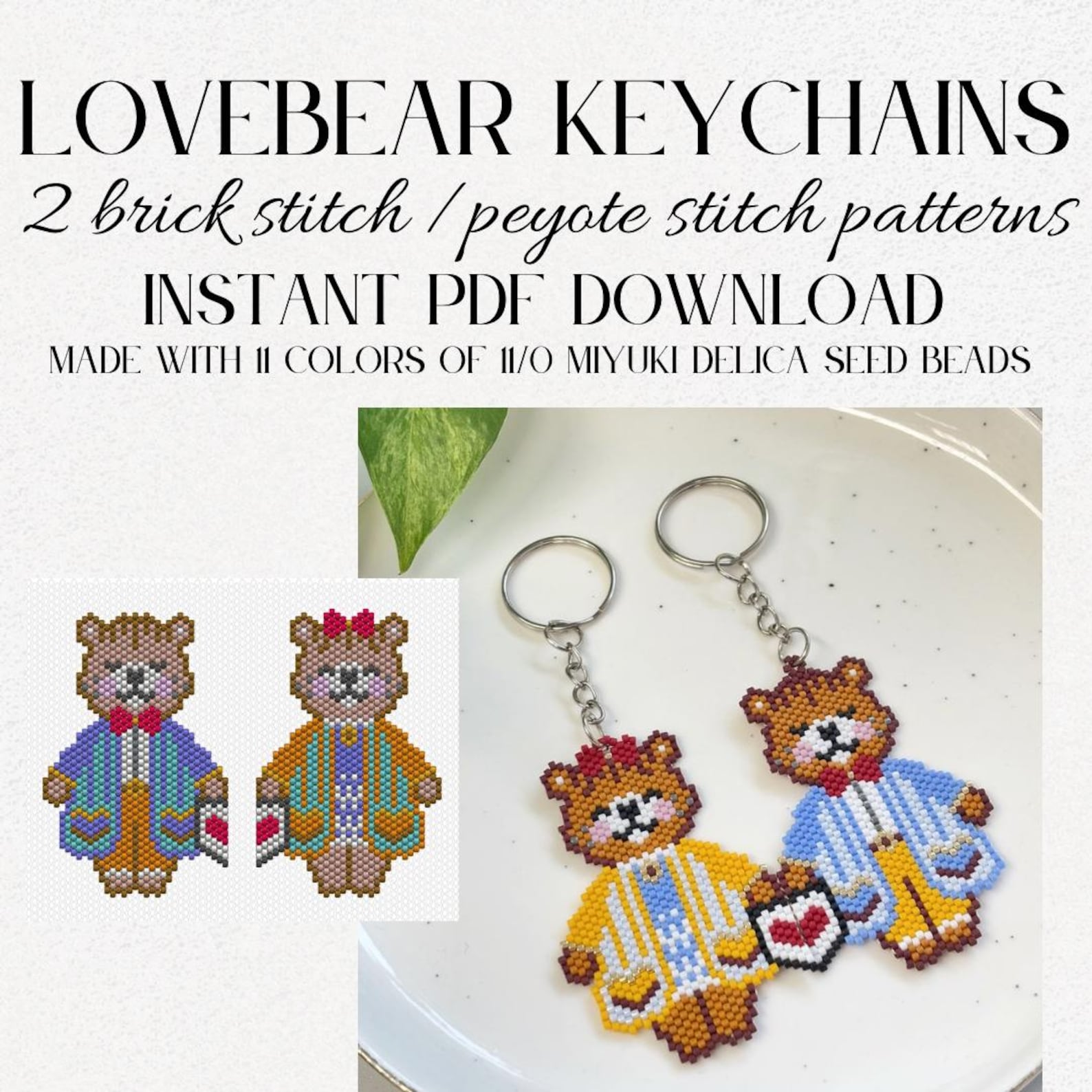 2 Piece Brick Stitch & Peyote Stitch Vday Lovebear Keychain Ornament ...