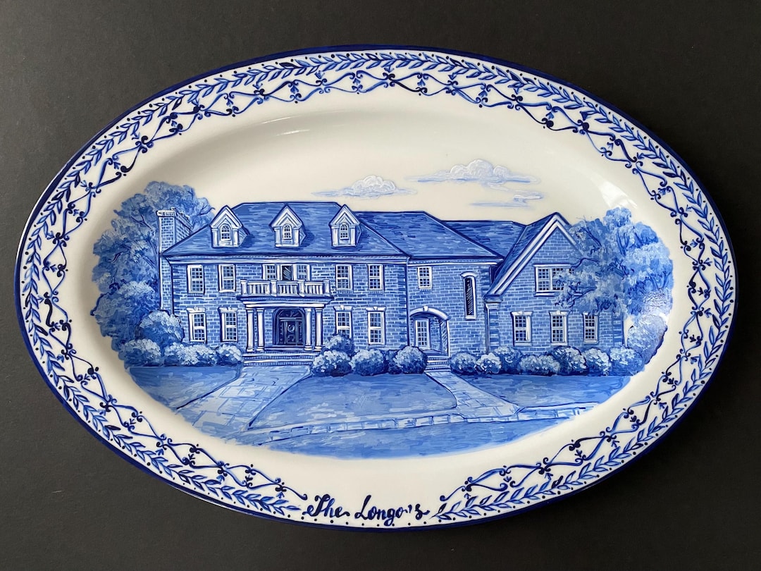 Hand-painted House Portrait Plate: Delft Blue Style Family Home Art ...