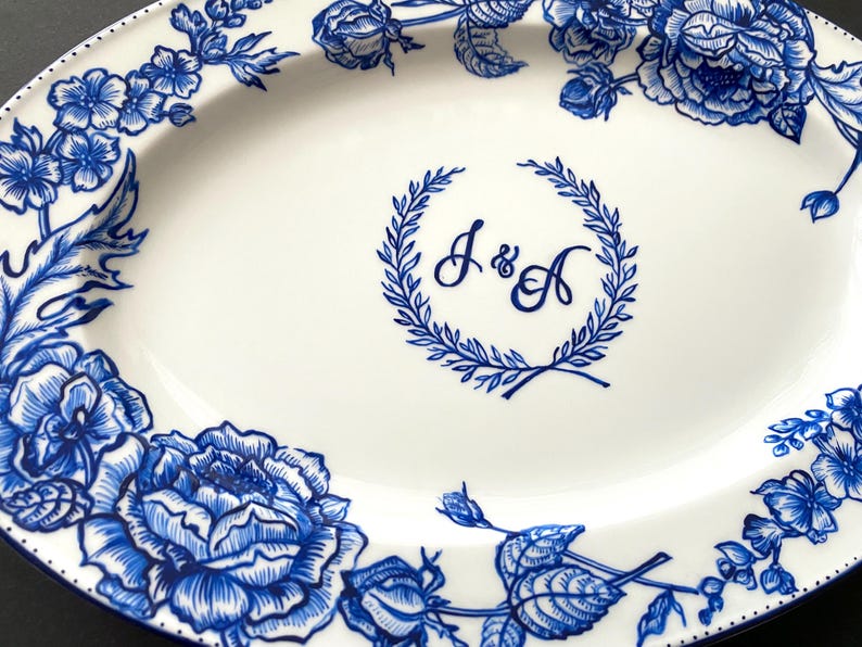 Hand-painted Porcelain Wedding Plate: Custom Initials, Delft Blue ...