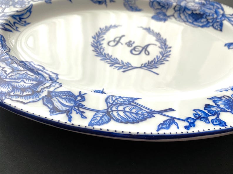 Hand-painted Porcelain Wedding Plate: Custom Initials, Delft Blue ...
