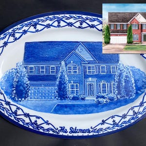 Custom House Portrait Plate From Photo, Hand Painted Delft Blue ...