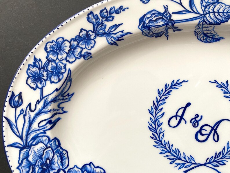Hand-painted Porcelain Wedding Plate: Custom Initials, Delft Blue ...