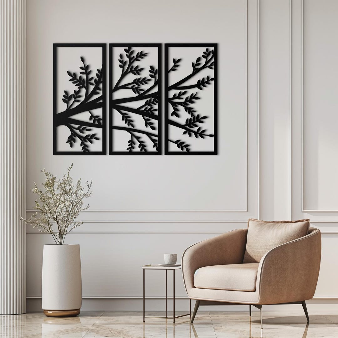 Three-panel Tree Branch Metal Wall Art, Black Metal Nature Decor ...