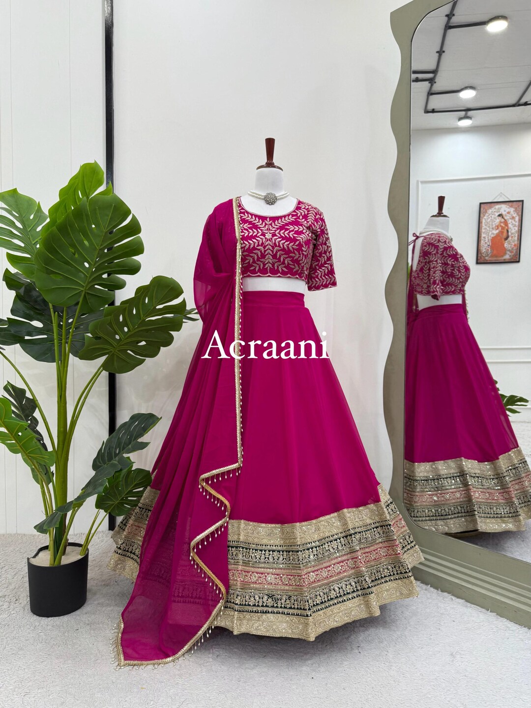 Fuchsia Pink Embroidered Lehenga Choli With Mirror Work Dupatta Indian ...