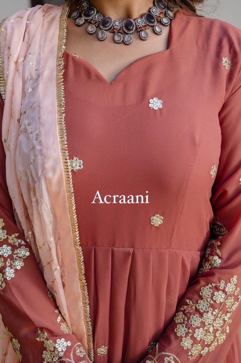 Elegant Rust Anarkali Dress With Golden Embroidery: Ready to Wear - Etsy
