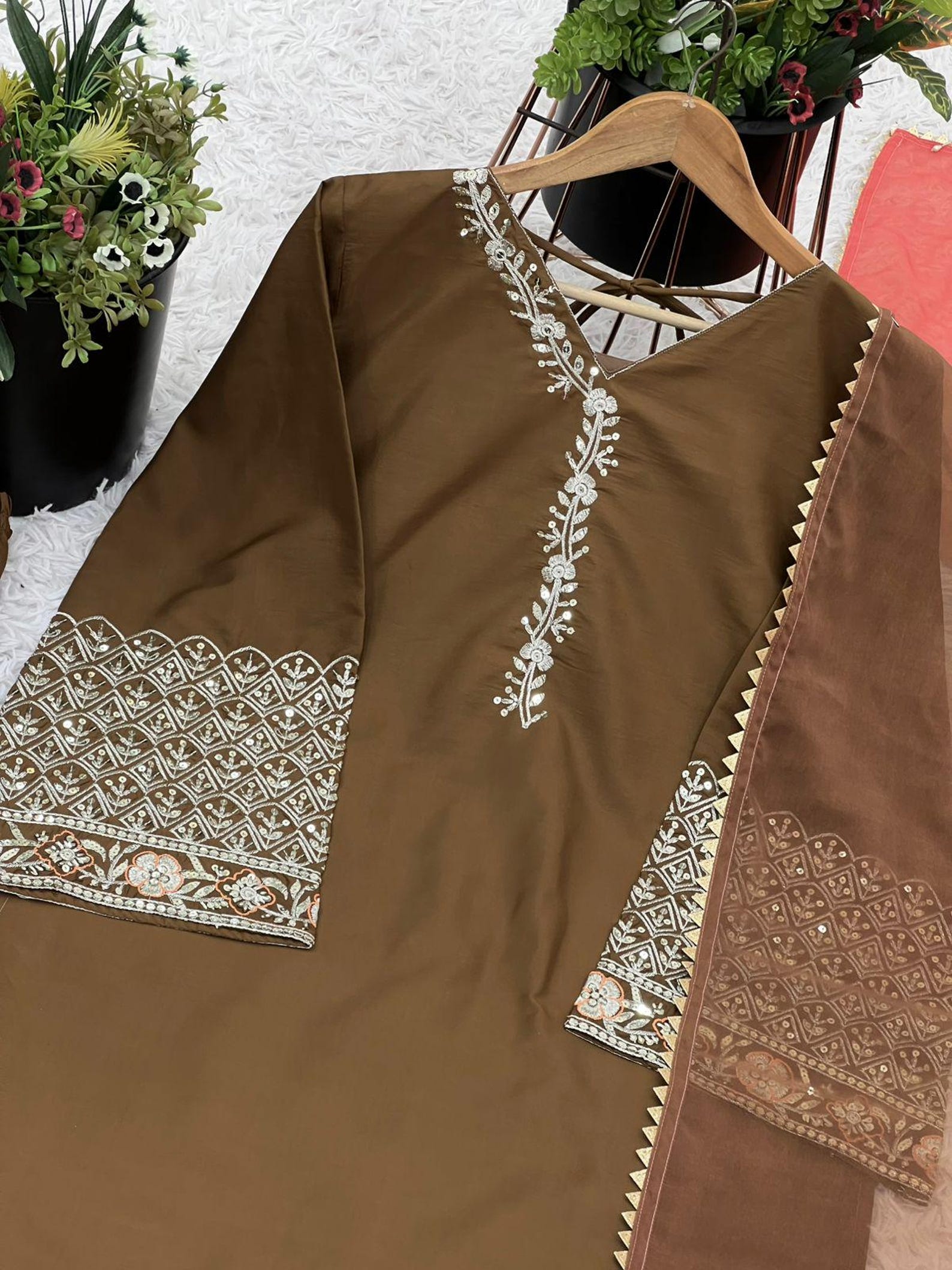 Brown Embroidered Pakistani Salwar Kameez Set With Dupatta ...