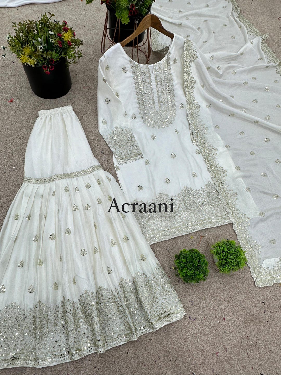 Elegant White Hand-embroidered Sharara Set | Mirror Work Indian Ethnic ...