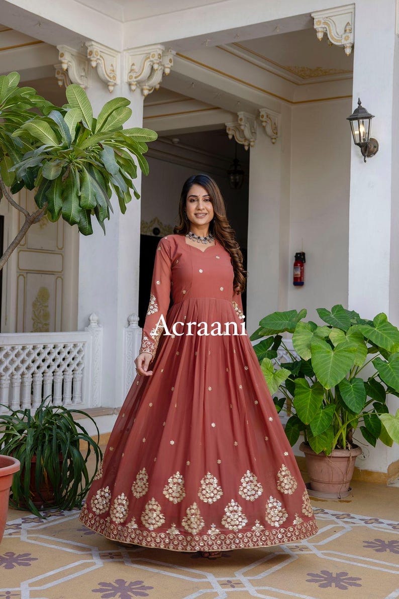 Elegant Rust Anarkali Dress With Golden Embroidery: Ready to Wear - Etsy