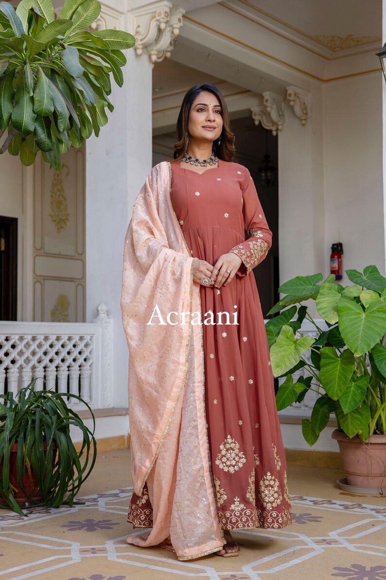 Elegant Rust Anarkali Dress With Golden Embroidery: Ready to Wear - Etsy