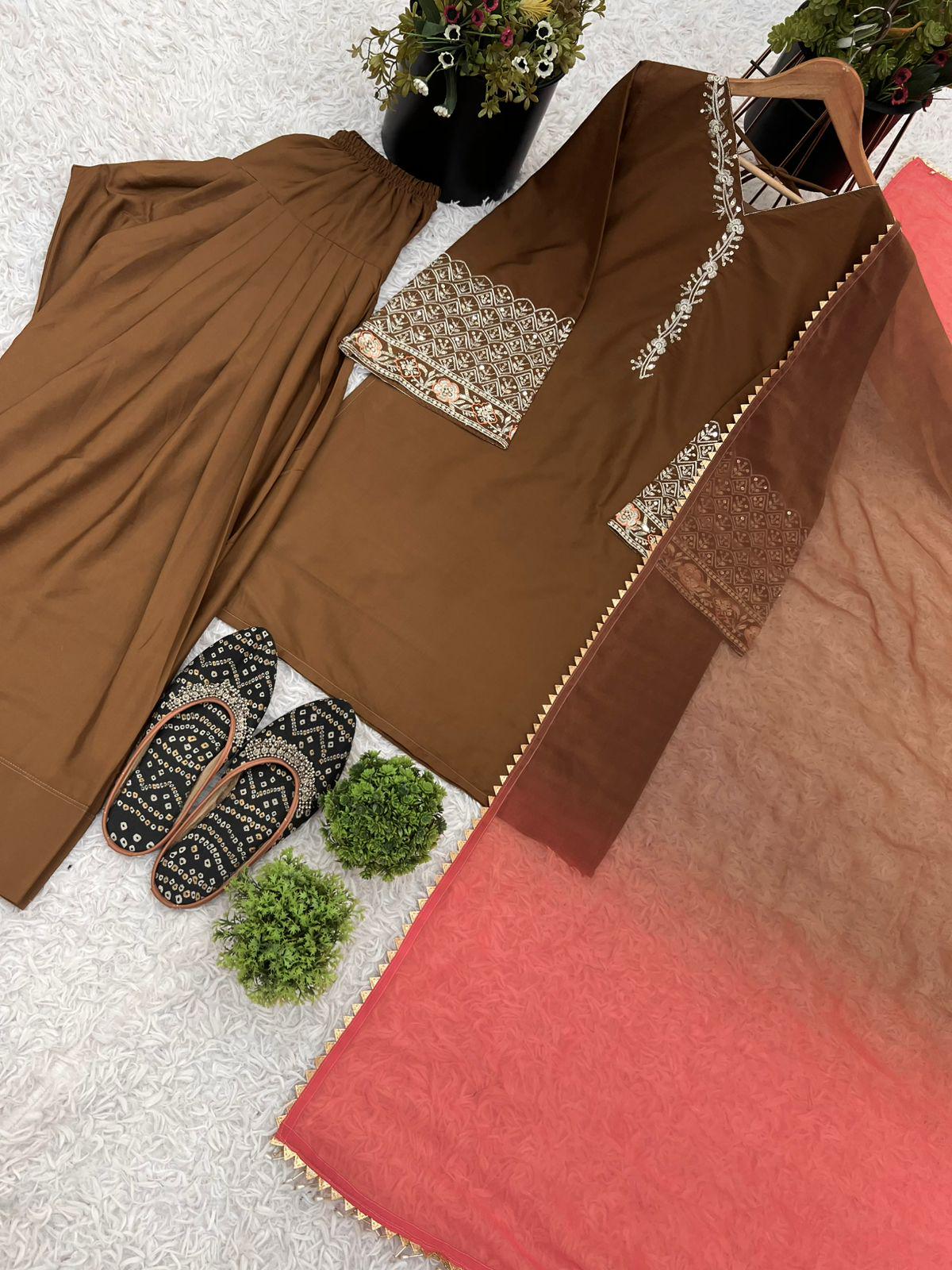 Brown Embroidered Pakistani Salwar Kameez Set With Dupatta ...