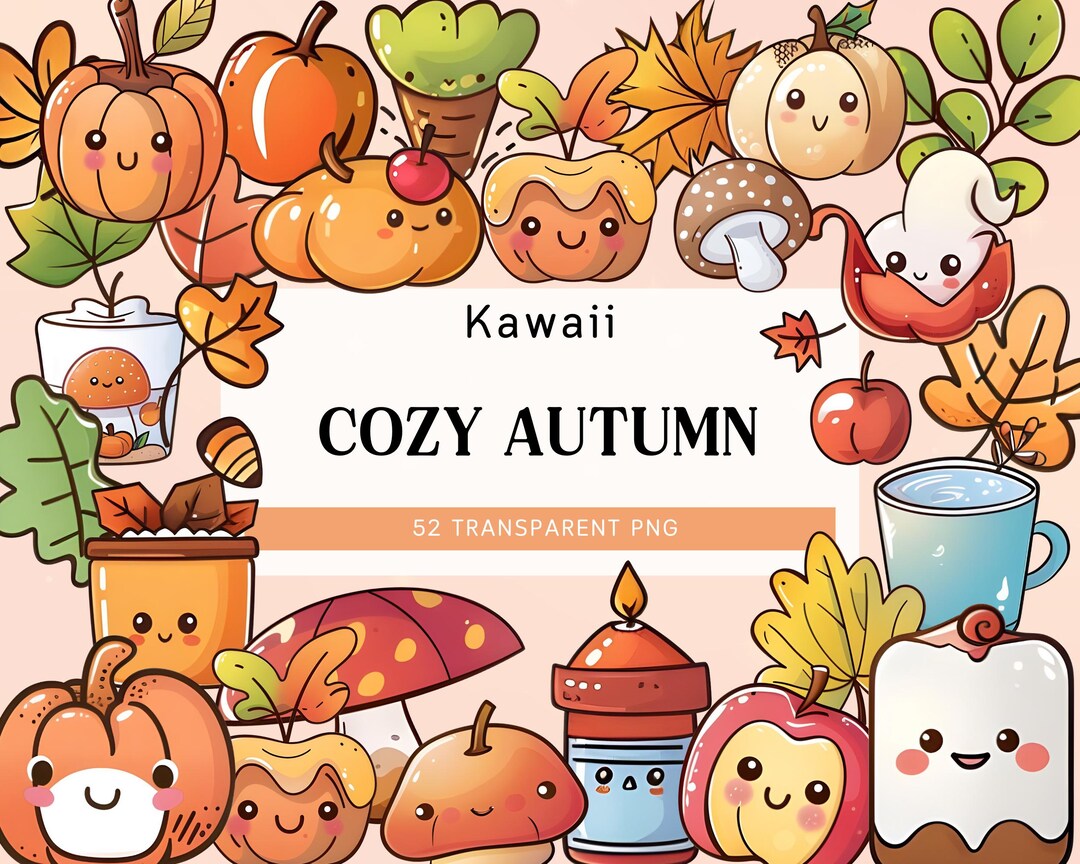 Kawaii Fall Cute Autumn Clipart Bundle Fall Vibes Transparent PNG ...