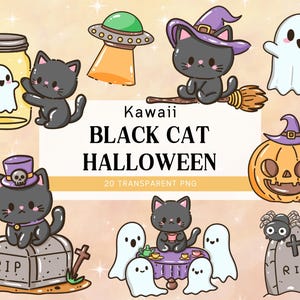 20 Halloween Cat Clipart Set Cute Halloween Black Cats Clip Art Kawaii ...