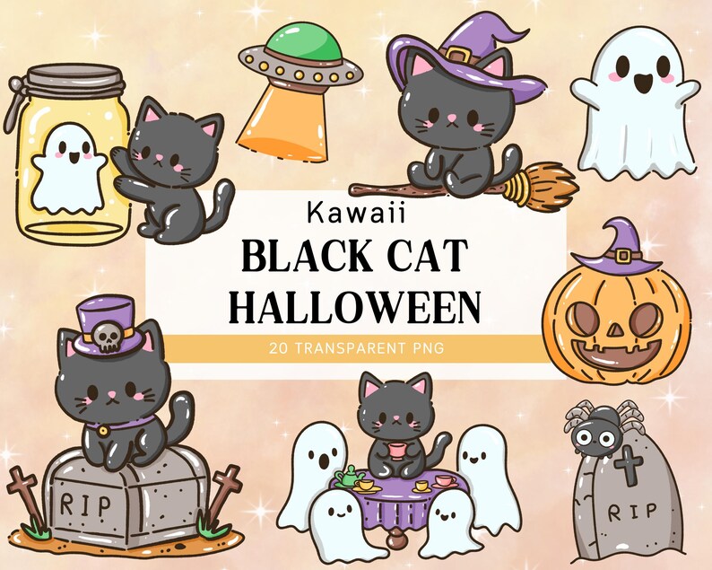 20 Halloween Cat Clipart Set Cute Halloween Black Cats Clip Art Kawaii ...