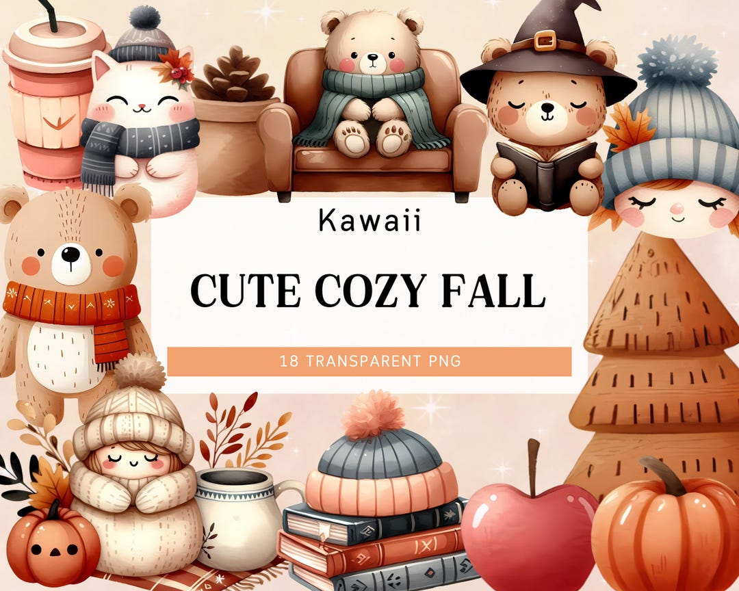 Kawaii Cozy Cute Fall Clipart Bundle Fall Vibes Transparent PNG Bundle ...