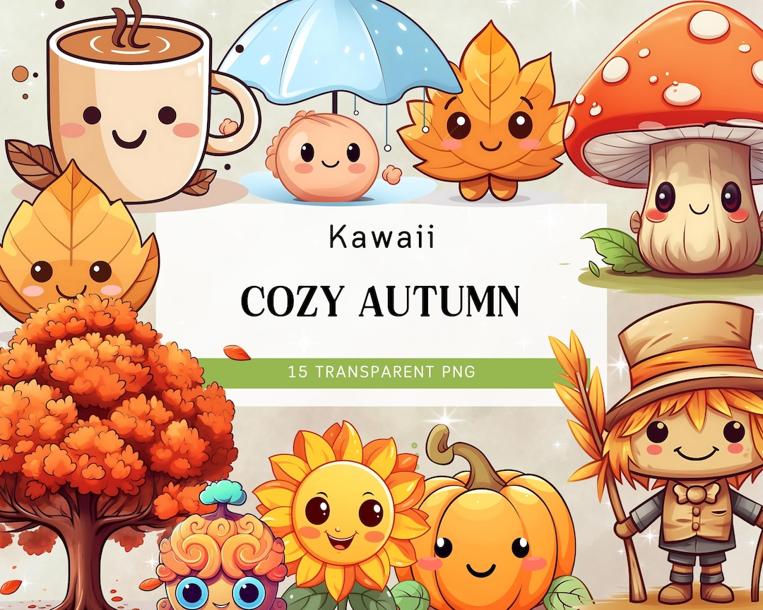 Kawaii Fall Cute Autumn Clipart Bundle Fall Vibes Transparent PNG ...